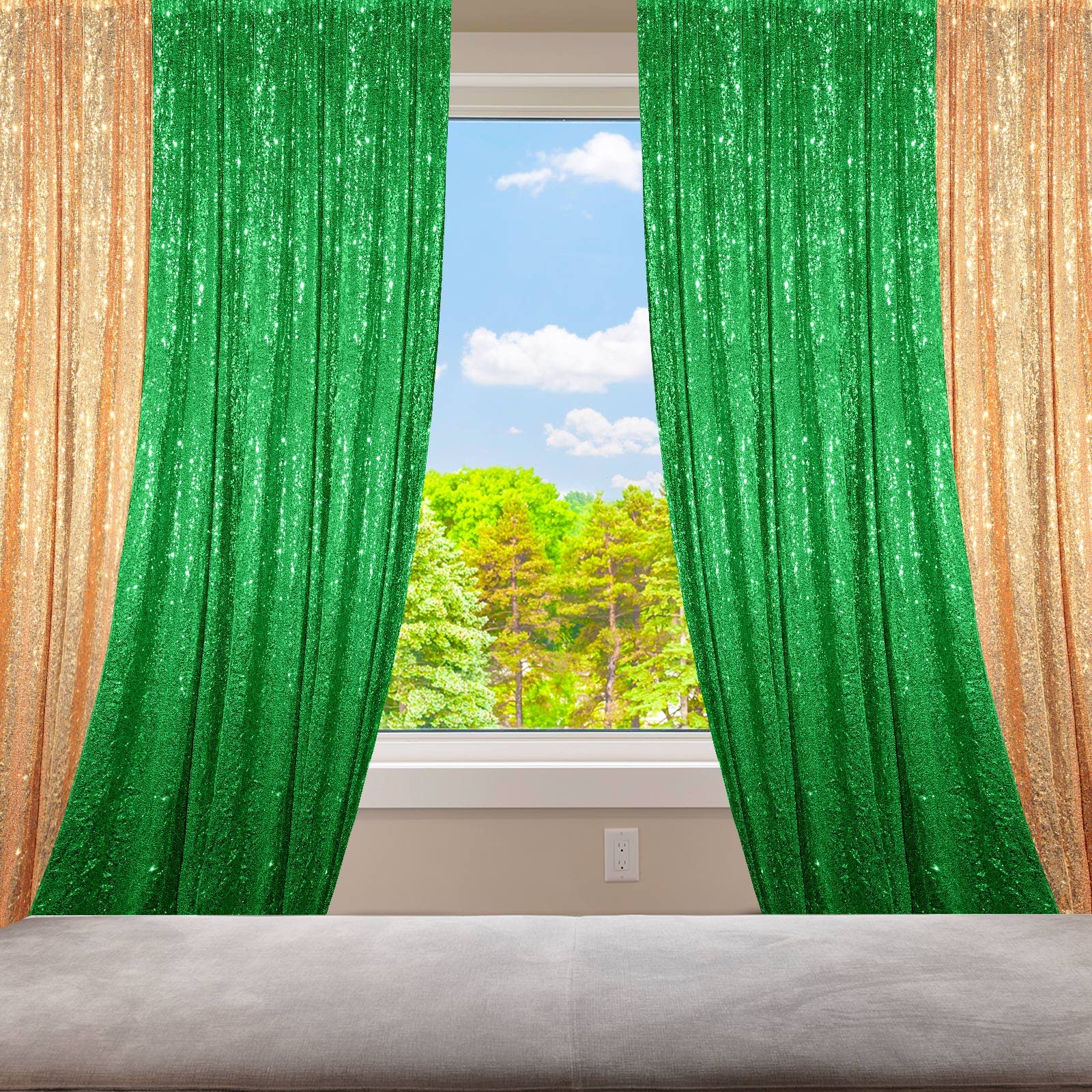 4 Panels Green Gold Sequin Backdrop Curtain 2 ft x 8 ft Glitter Background Sparkle Photography for Party Congrats Grad Graduation Party Decorations, Birthday, Wedding