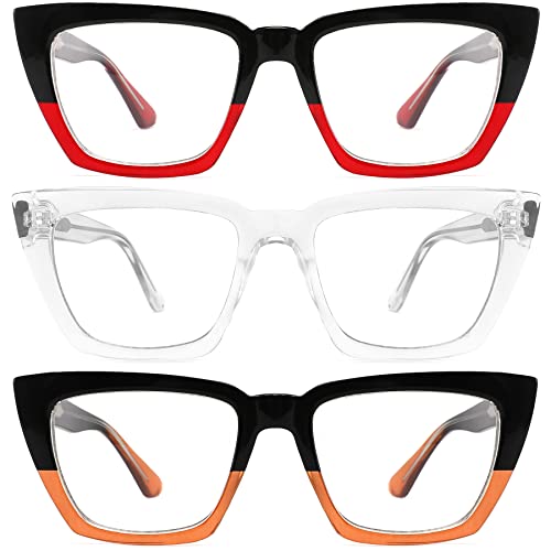 3 Pack Oprah Style Oversized Reading Glasses for Women, Blue Light Blocking Computer Readers, Anti UV Ray/Eye Strain/Glare Cat Eye Eyeglasses with Pouches
