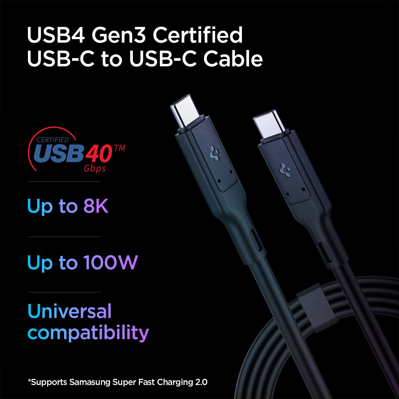 Spigen [USB-IF Certified USB 4 Cable 2.6ft for Thunderbolt 4 3 Cable,100W Charging 40Gbps Data Transfer 8K Video Type C for MacBook iPad M2 M1 Pro Air Galaxy S23 S22 Ultra Plus Mac Mini External SSD