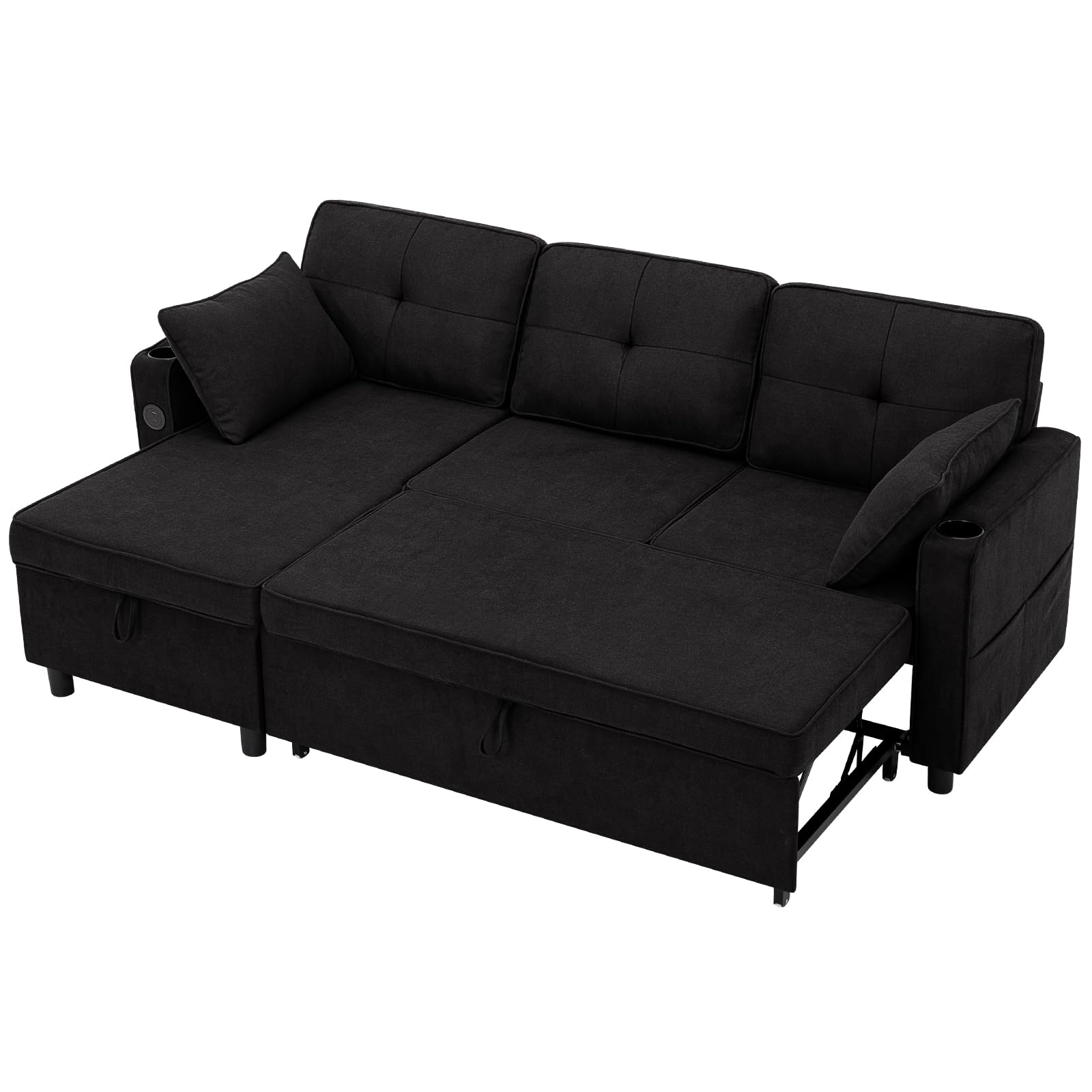 ACMEASE 84" L-Shaped Pull Out Sofa Bed w/Storage Chaise, Tufted Sectional Sofa w/USB Port, Chenille Sleeper Couch w/Cup Holders for Living Room, Orange