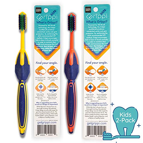 Grïppi Kids Manual Toothbrush | 45° Brush Helps Children Get a Deep Clean of Teeth & Gums | Encourages & Teaches Correct Brushing. (Superior Cavity Protection, Extra Soft, Easy to Grip), 2-Pack