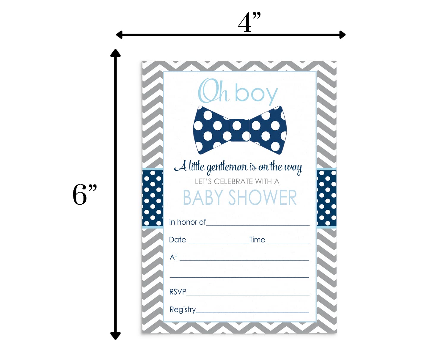 Bow Tie Baby Shower Invitations with Envelopes (15 Pack) Blank Invites for Boys Parties - Little Man Theme Blue and Grey – Blank Invite to Handwrite Custom Details - 4x6 Printed Card Set