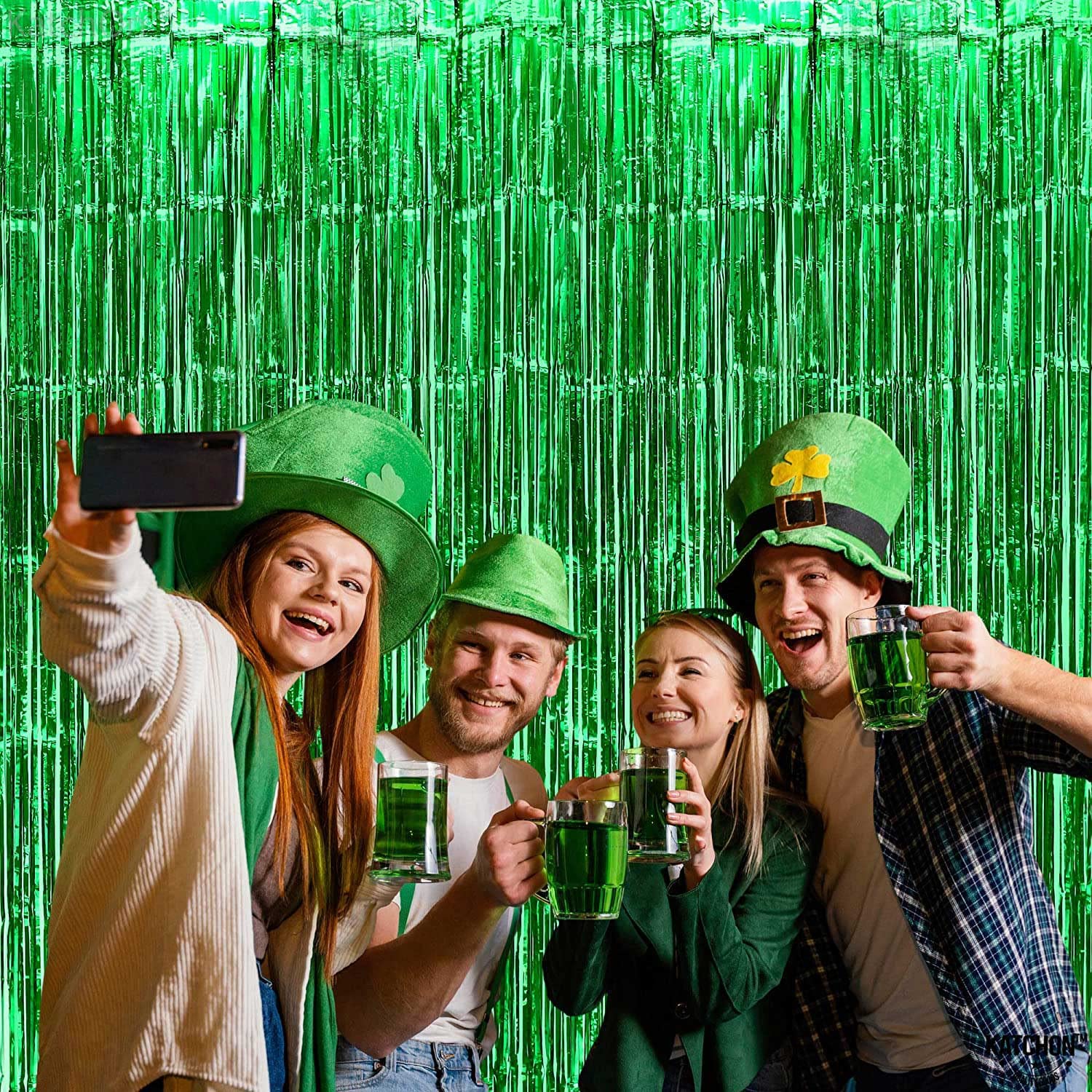 4 Pack Green Foil Fringe Curtain Backdrop, 3.28Ft x 8.2Ft Metallic Tinsel Foil Fringe Streamer Curtains for Photo Booth Props Decor Party Supplies