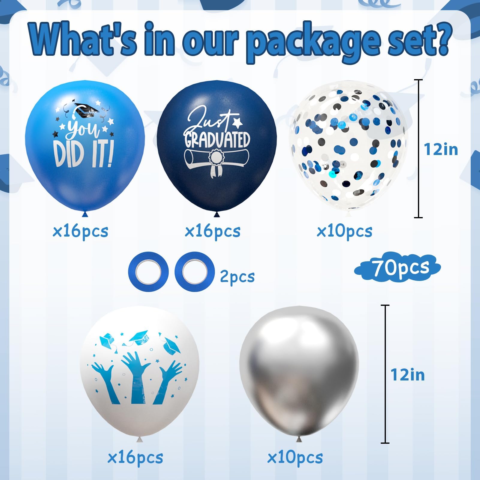 2024 graduation party decorations, 70pcs graduation balloons blue and white graduation decorations for college high school class of 2024 congrats grad party decor