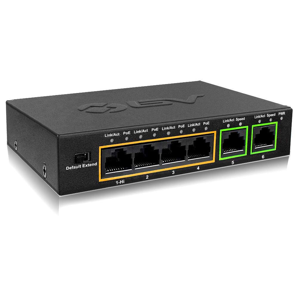 BV-Tech 6 Port PoE+ Switch (4 PoE+ Ports with 2 Ethernet Uplink and Extend Function) β 60W β 802.3at + 1 High Power PoE Port| Desktop Fanless Design | Plug & Play | Sturdy Metal Housing