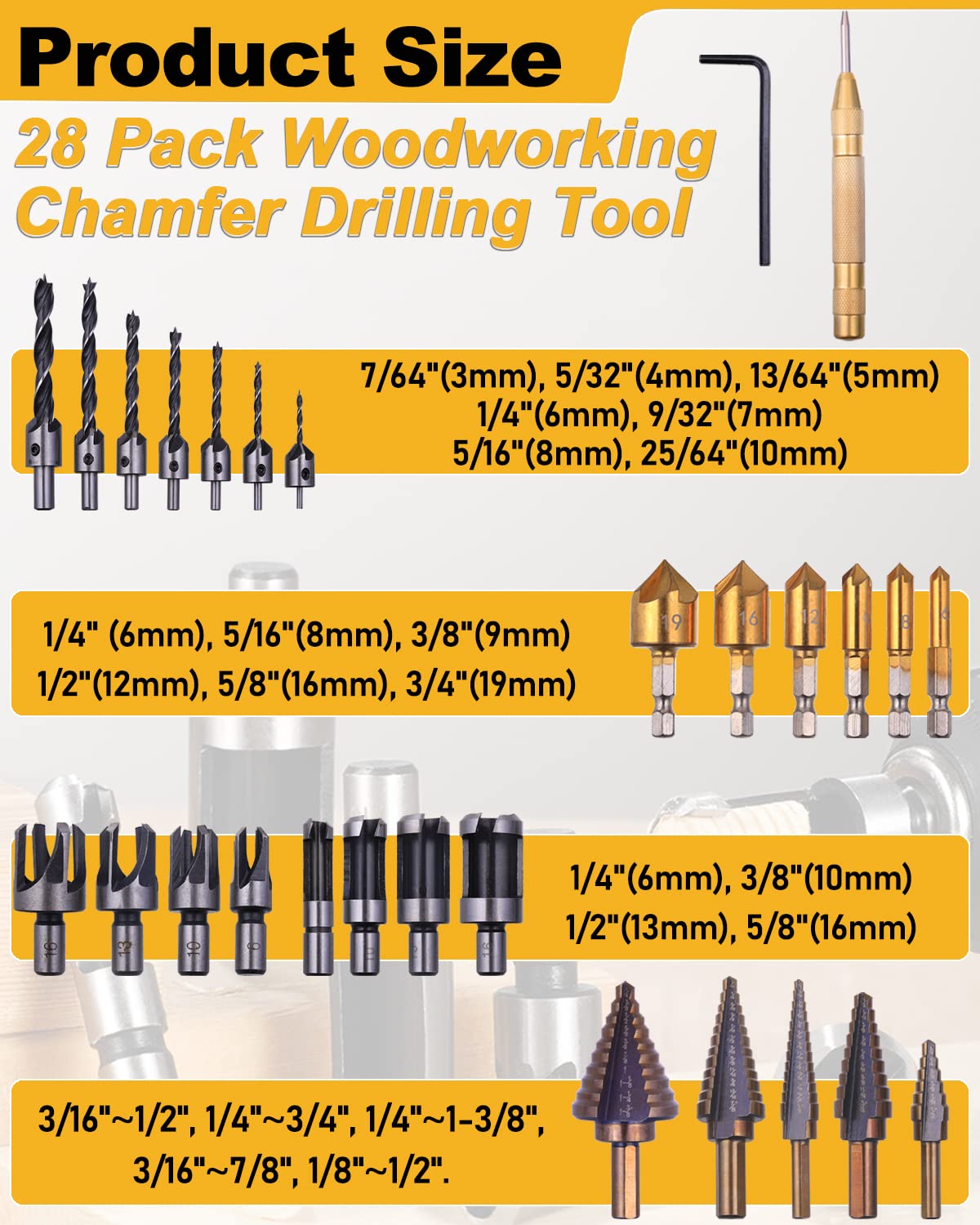 28 Pack Woodworking Chamfer Drilling Tools with a Case, Rocaris Including 6 Countersink, 5 Metric Step Drill Bit, 7 Counter Sinker Drill Bit Set with L-Wrench, 8 Wood Plug Cutter