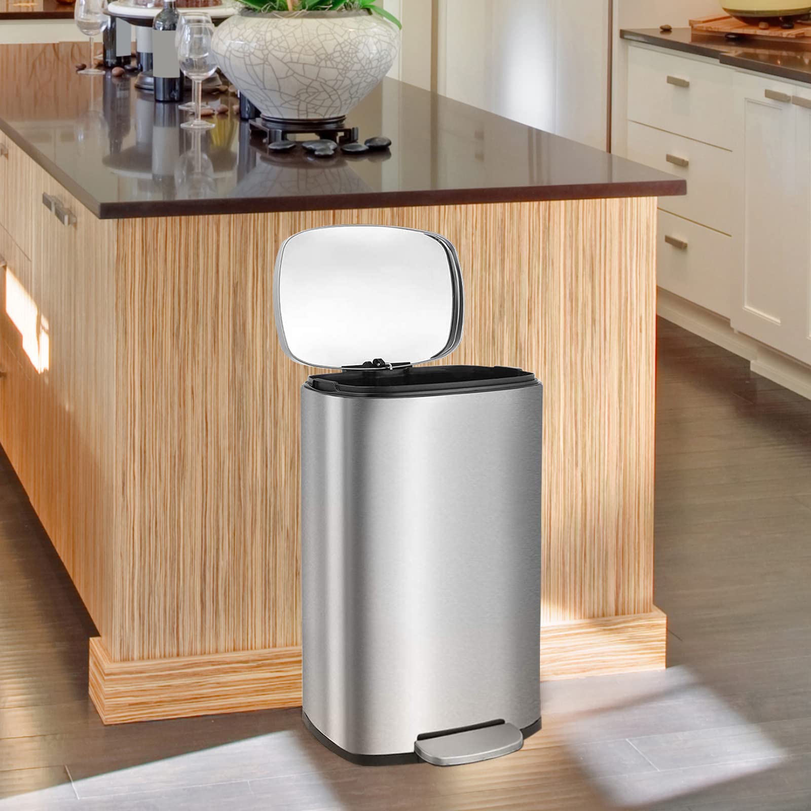 Increkid 13.2 Gallon Trash Can, Stainless Steel Kitchen Garbage Bin with Inner Buckets and Hinged Lid, Rectangular Step on Dustbin, Soft-Close, Airtight for Home Office Bathroom Mall(50 L) (Silver)