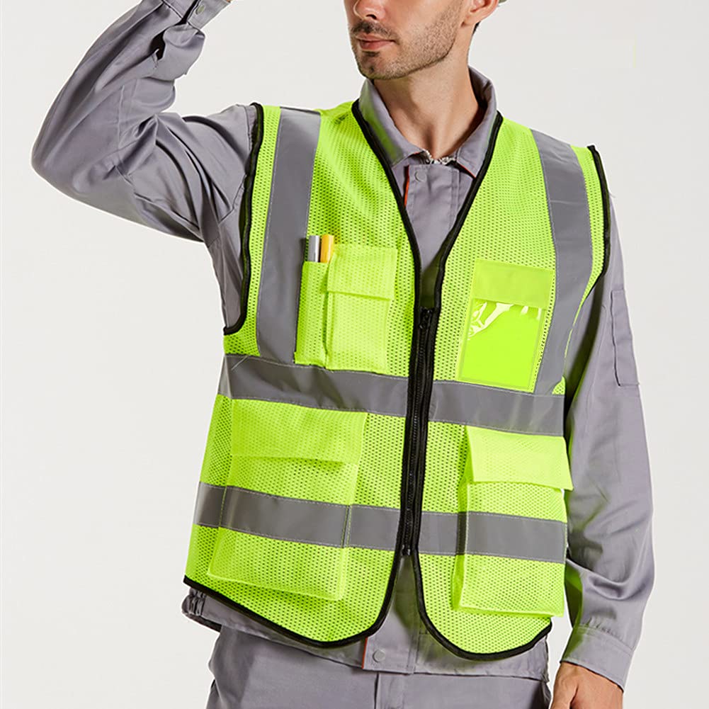 XIAKE Reflective Safety Vest for Men & Women Mesh High Visibility Vest with Pockets Meets ANSI Standards(Medium,Yellow)