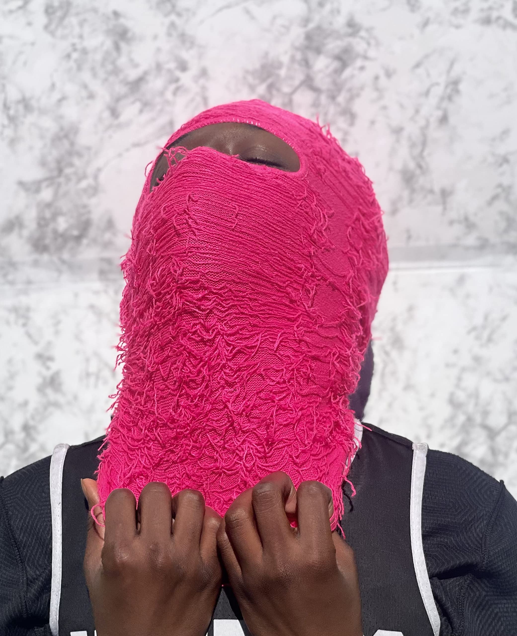 2 Pcs Balaclava Distressed Knitted Full Face Ski Mask Windproof Black and Pink for Men and Women One Size Fits All