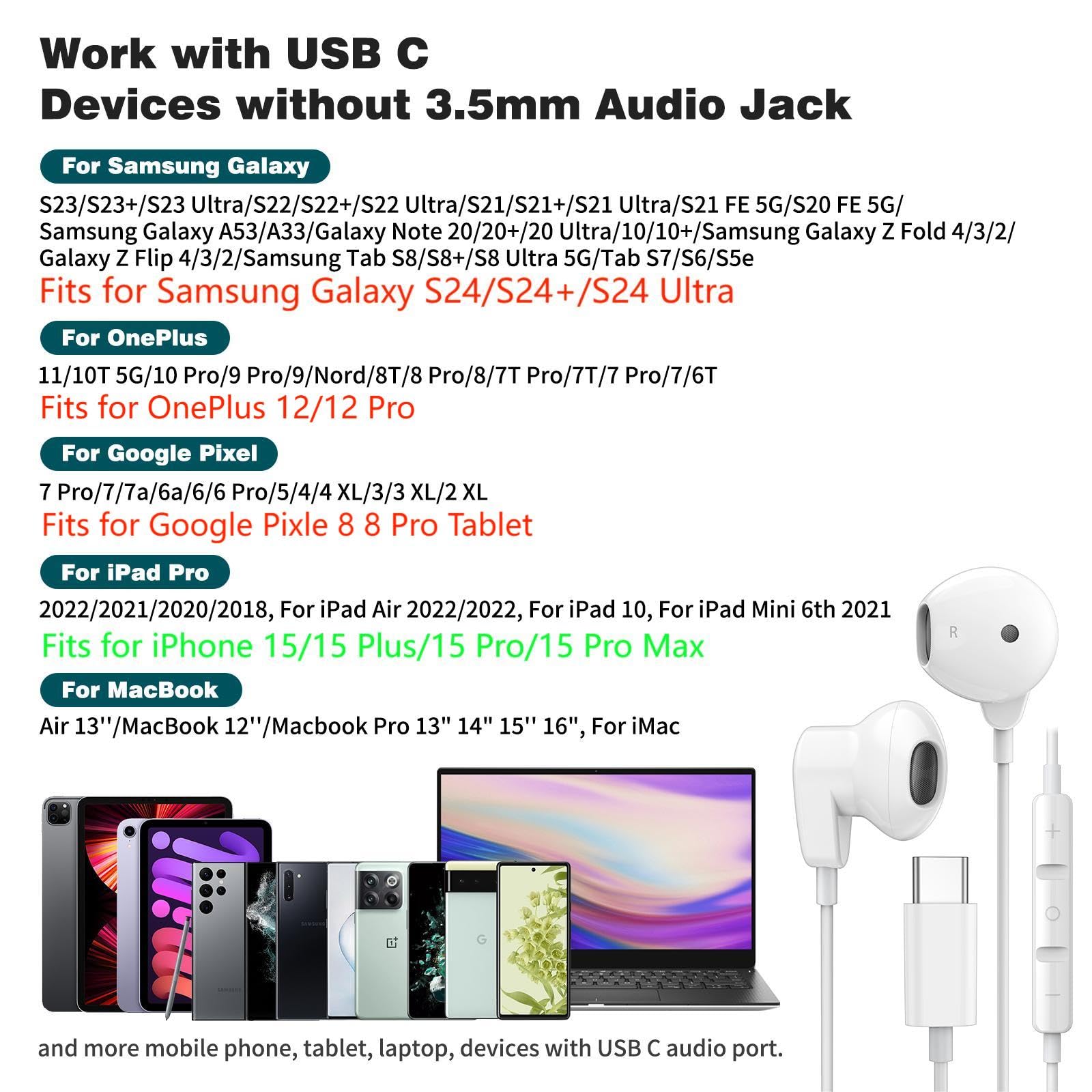 HGCXING USB C Headphone for iPhone 16 15 Pro Max Samsung S25 Ultra S24 FE Galaxy Tab S10+, HiFi Stereo Type C Earphone with Microphone, Wired Earbuds with Volume Control for iPad 10 Google Pixel 9 Pro