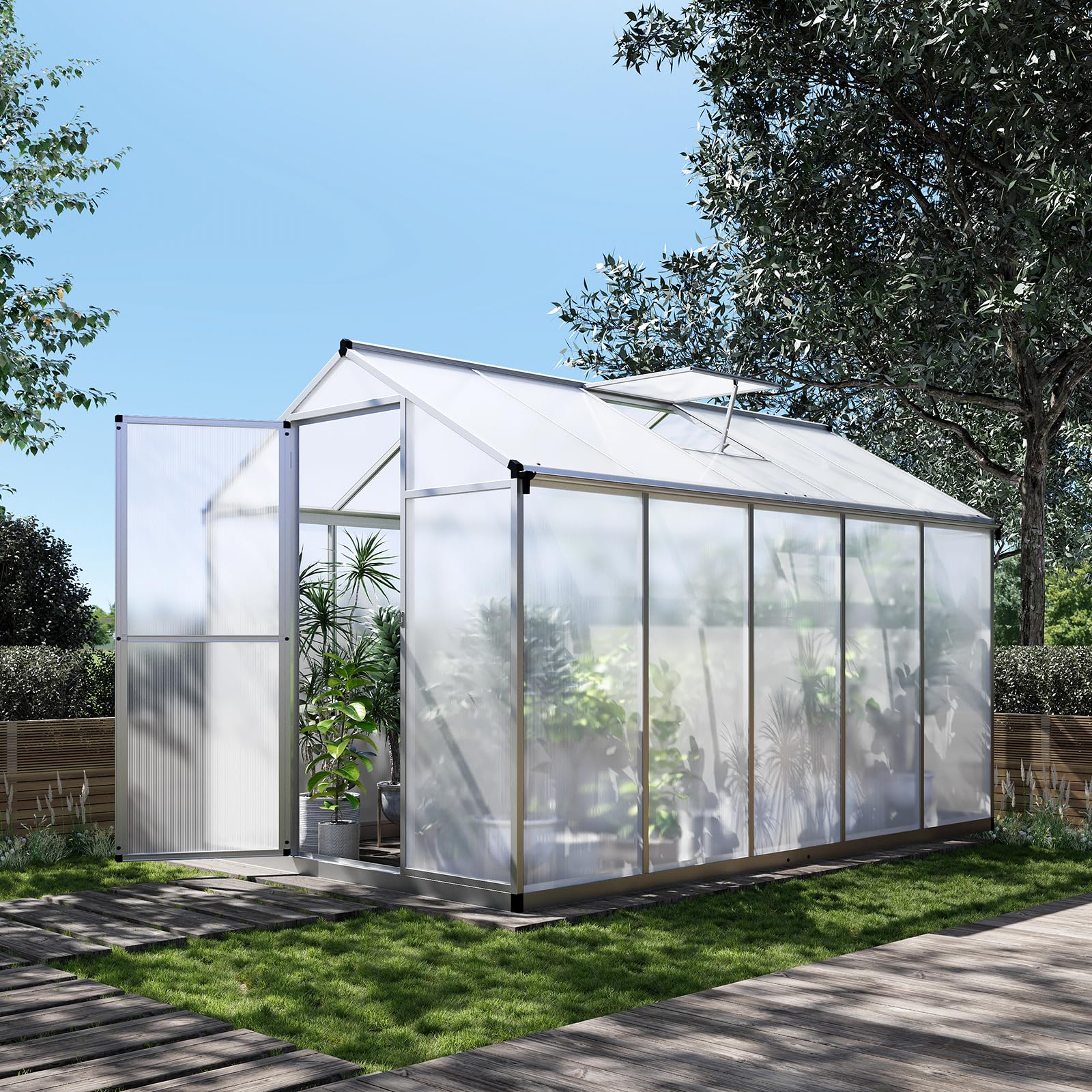 6x10 FT Greenhouse for Outdoors, Polycarbonate Greenhouse with Quick Setup Structure and Roof Vent, Aluminum Large Walk-in Greenhouse for Outside Garden Backyard, Silver