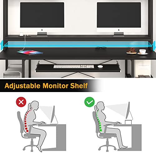 55" Computer Desk with Power Outlet & USB Ports, Heavy Duty Desk with Hutch Keyboard Tray, Home Office Desks with Shelves Monitor Stand, Study Table Writing Desk Workstation, Easy to Assemble, Black