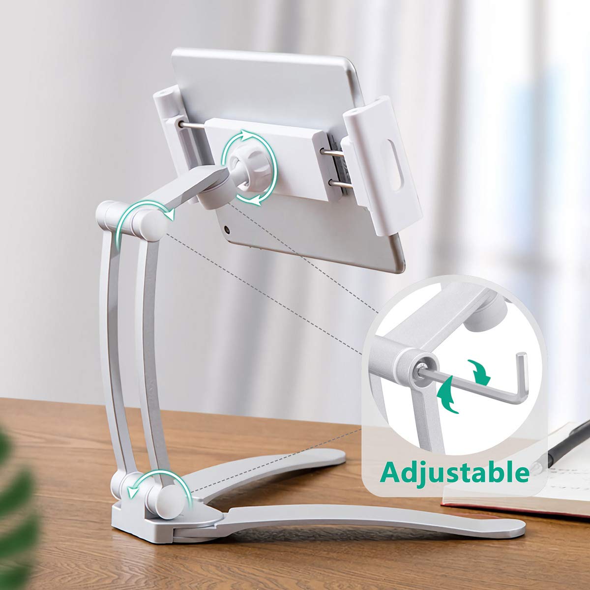 AYADA Kitchen Cabinet Tablet Holder, 2 in 1 Wall Mount Desktop Stand for ipad 12.9 Aluminum Alloy Metal Adjustable Multiangle Foldable Universal Phone Tablet Bracket Cooking Table Counter Top (Silver)