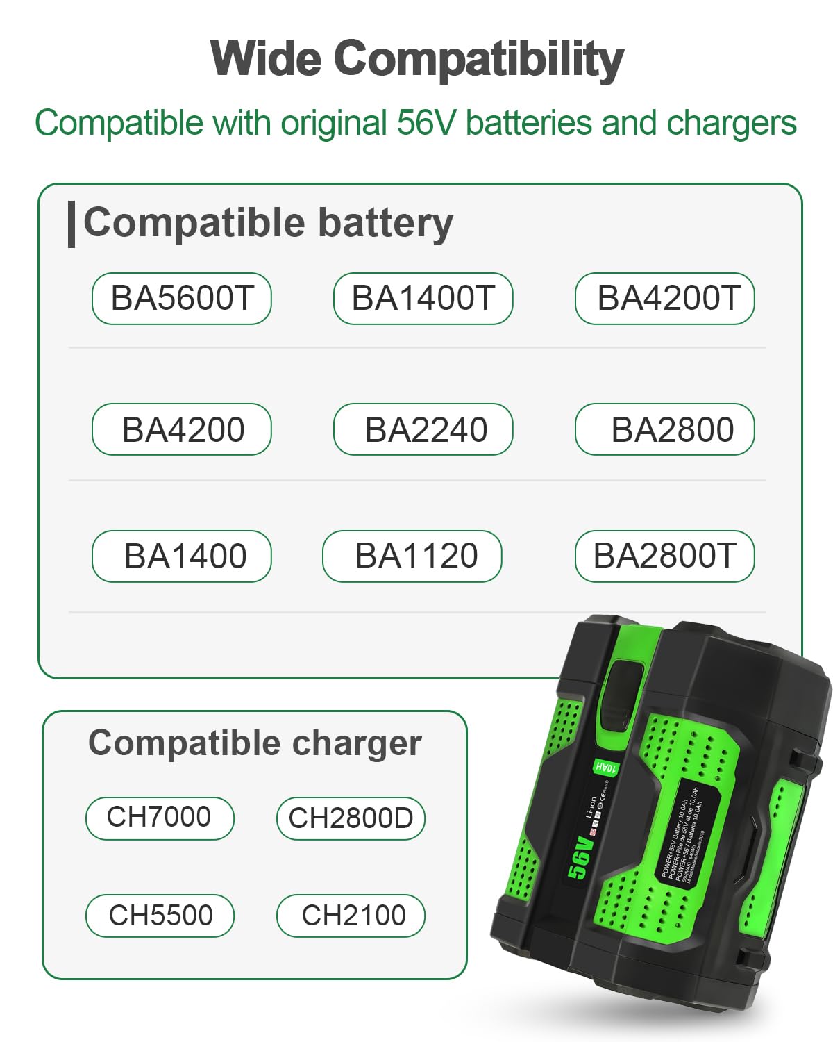 Aoasur 10.0Ah Battery Replacement for EGO 56V Battery (10.0AH-Green)