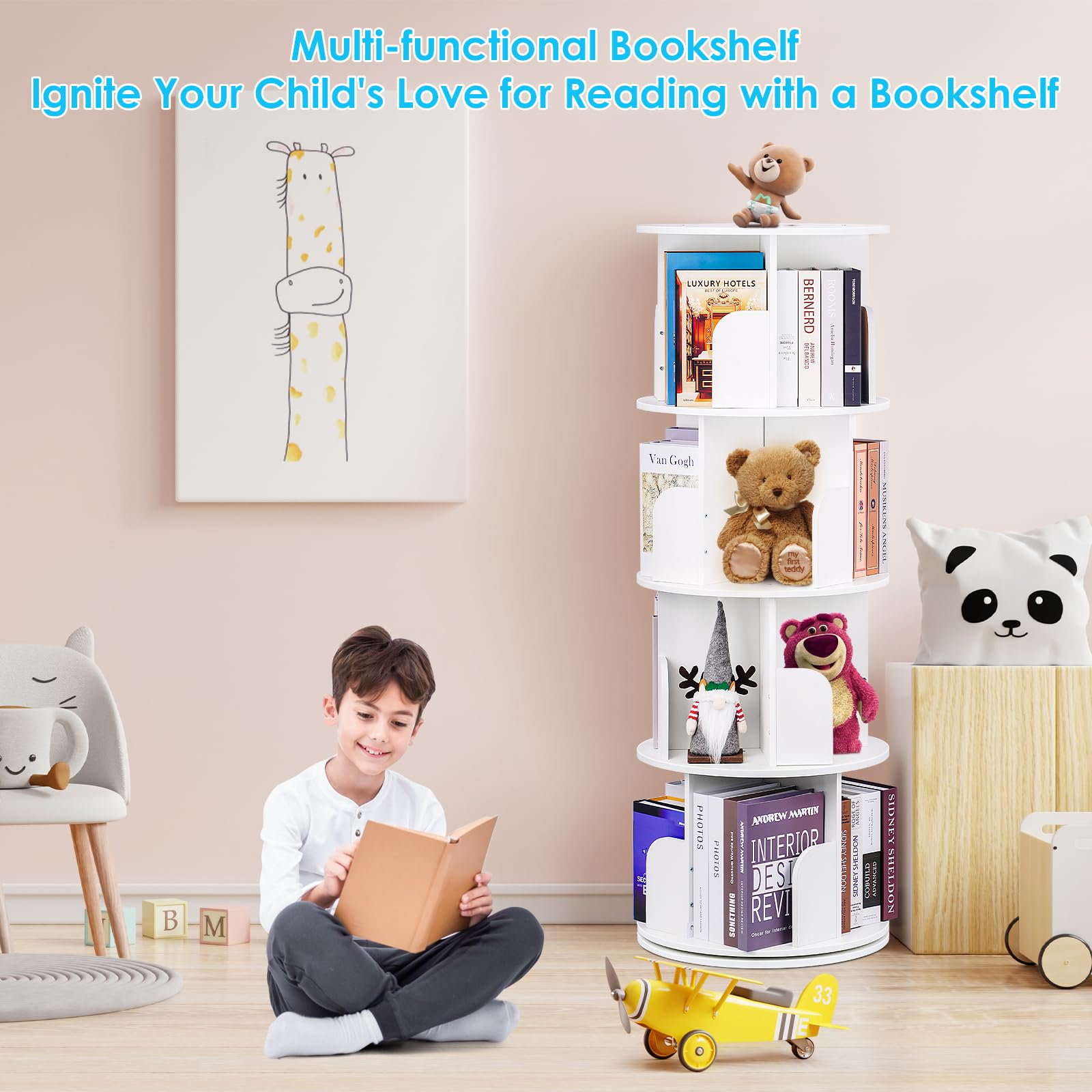 2024 New 4 Tier Rotating Bookshelf kids, Small Corner Bookshelf for Small Space, 360 Display Floor Standing Bookcase Storage Rack, Wood Narrow Book Shelf Organizer for Home Office,Bedroom, Living Room