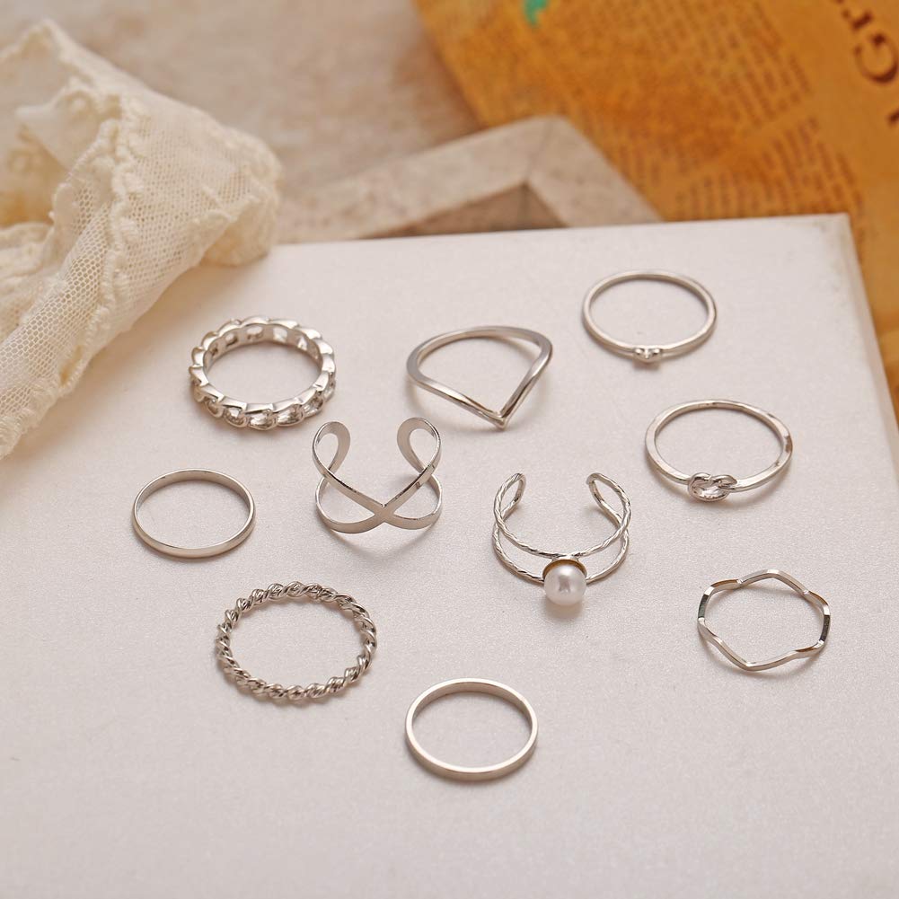 17 MILE 10 Pcs Vintage Knuckle Stackable Rings Set for Women, Bohemian Gold/Silver Plated Comfort Fit VSCO Wave Joint Finger Rings Gift (Pearl Gold) (Silver)
