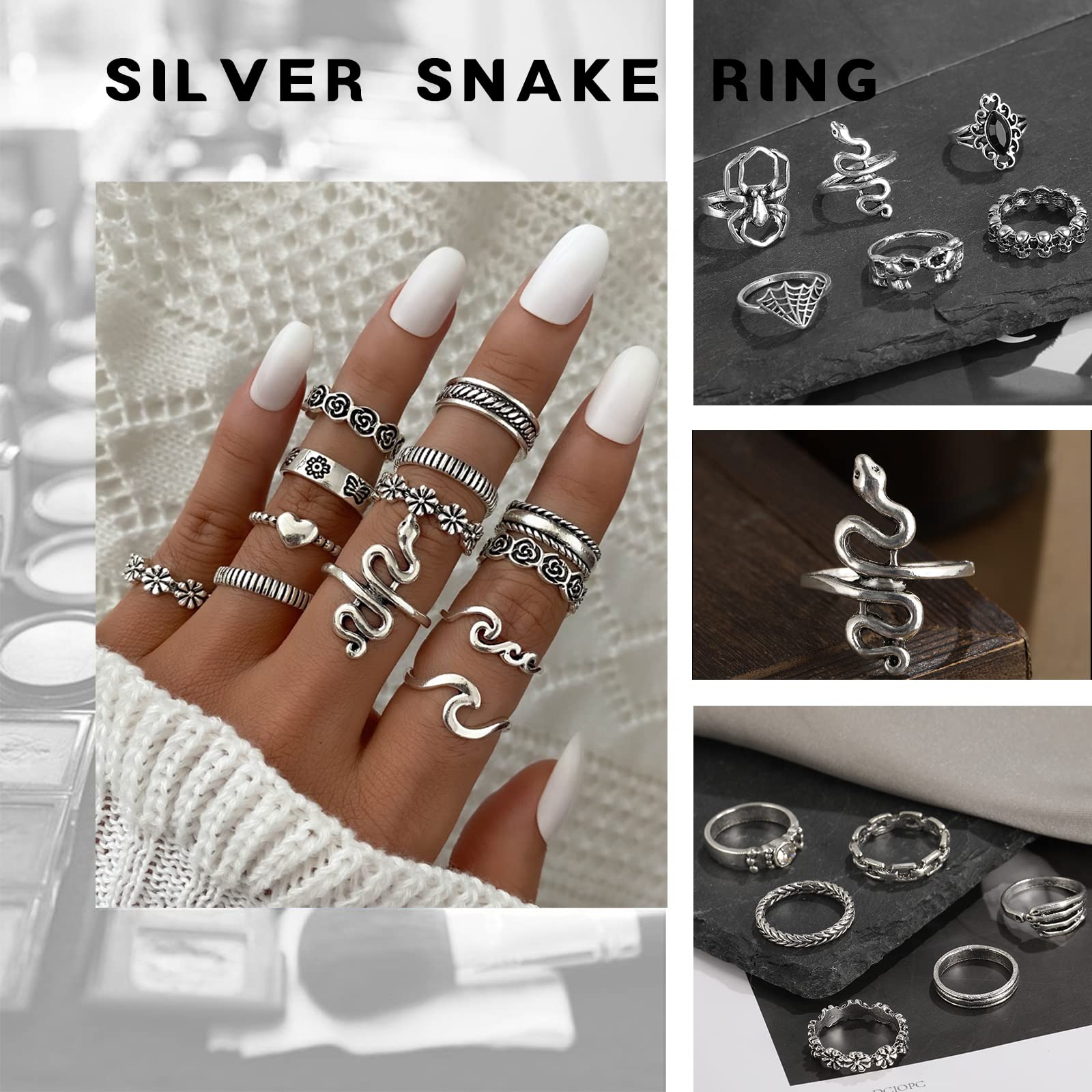 17 MILE Vintage Silver Rings Set for Women, Cool Gothic Ring, Stackable Joint Knuckle Rings, Retro Snake Chunky Punk Silver Rings Pack for Gift