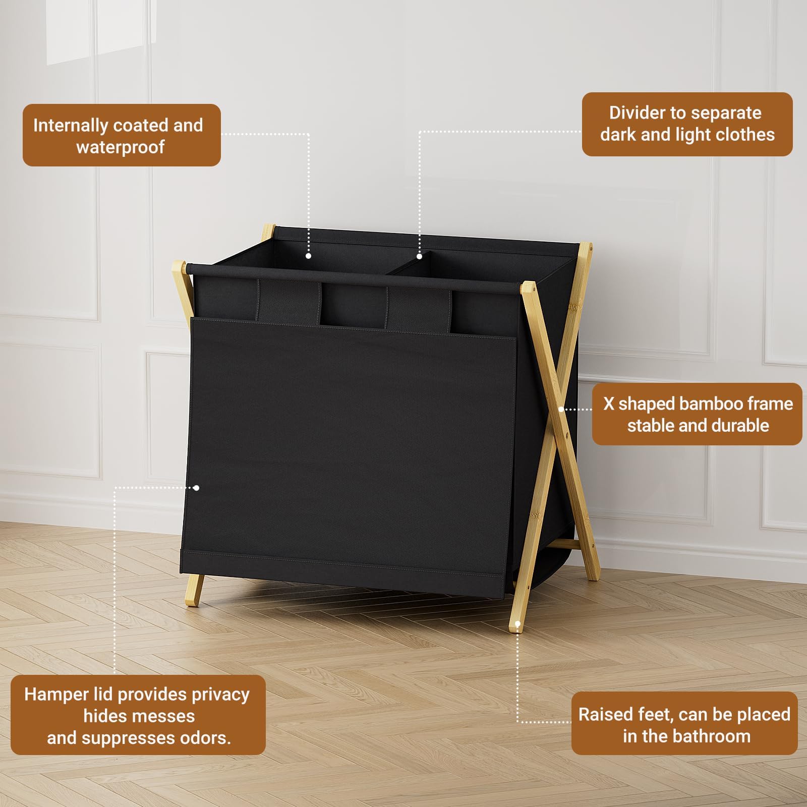 2-Section Extra Large Laundry Hamper with Lid, 125L (33 Gal) Divided Dirty Clothes Laundry Basket with Bamboo Frame, Double Hampers Organizer for Laundry Room, Bathroom, Bedroom, Black