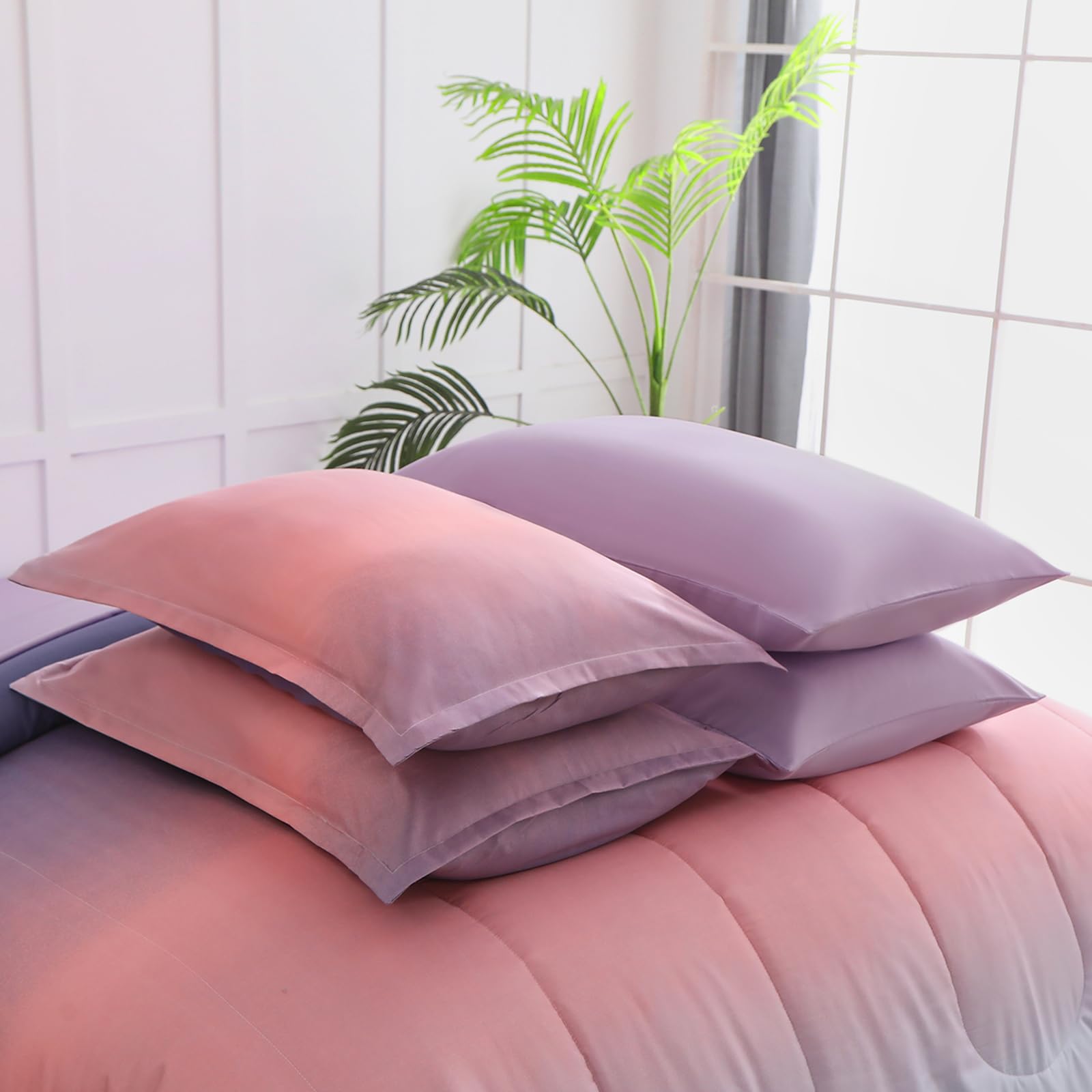 7 Pieces Comforter Set Full/Queen Size - Gradient Pink and Purple All Season Teens Rainbow Comforter Bedding Set, Ultra Soft Fluffy Microfiber Bed in a Bag for Kids