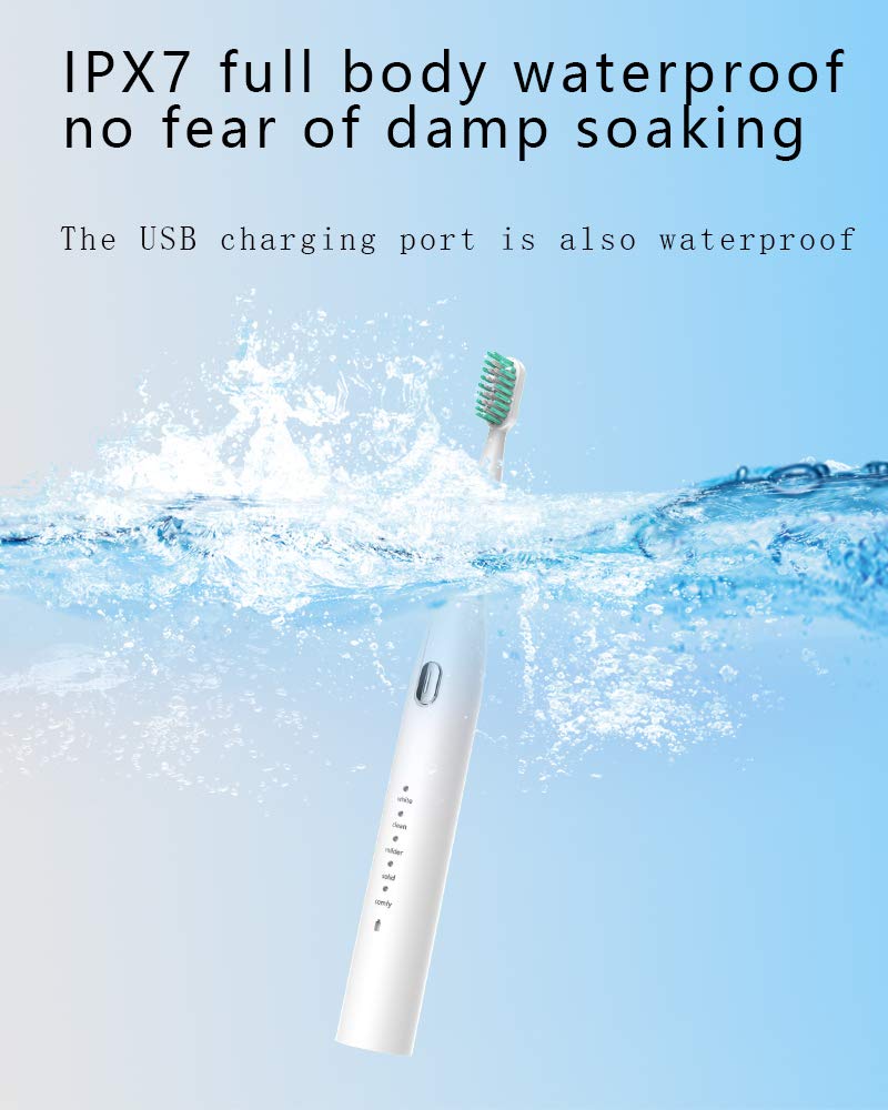 HKF HO KI HO Sonic Electric Toothbrush,USB Rechargeable Toothbrush with Minimum 40 Days Use,2 Mins Smart Timer and 5 Optional Modes,4 Brush Heads(White)