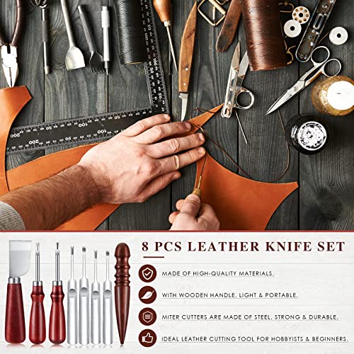 8 Pieces Leather Knife Set, Including Leather Edge Beveler Leather Groover Leather Cutter Wood Leathercraft Edge Slicker Burnisher Leather Crafting Tools Skiving Knife Leathercraft Accessories