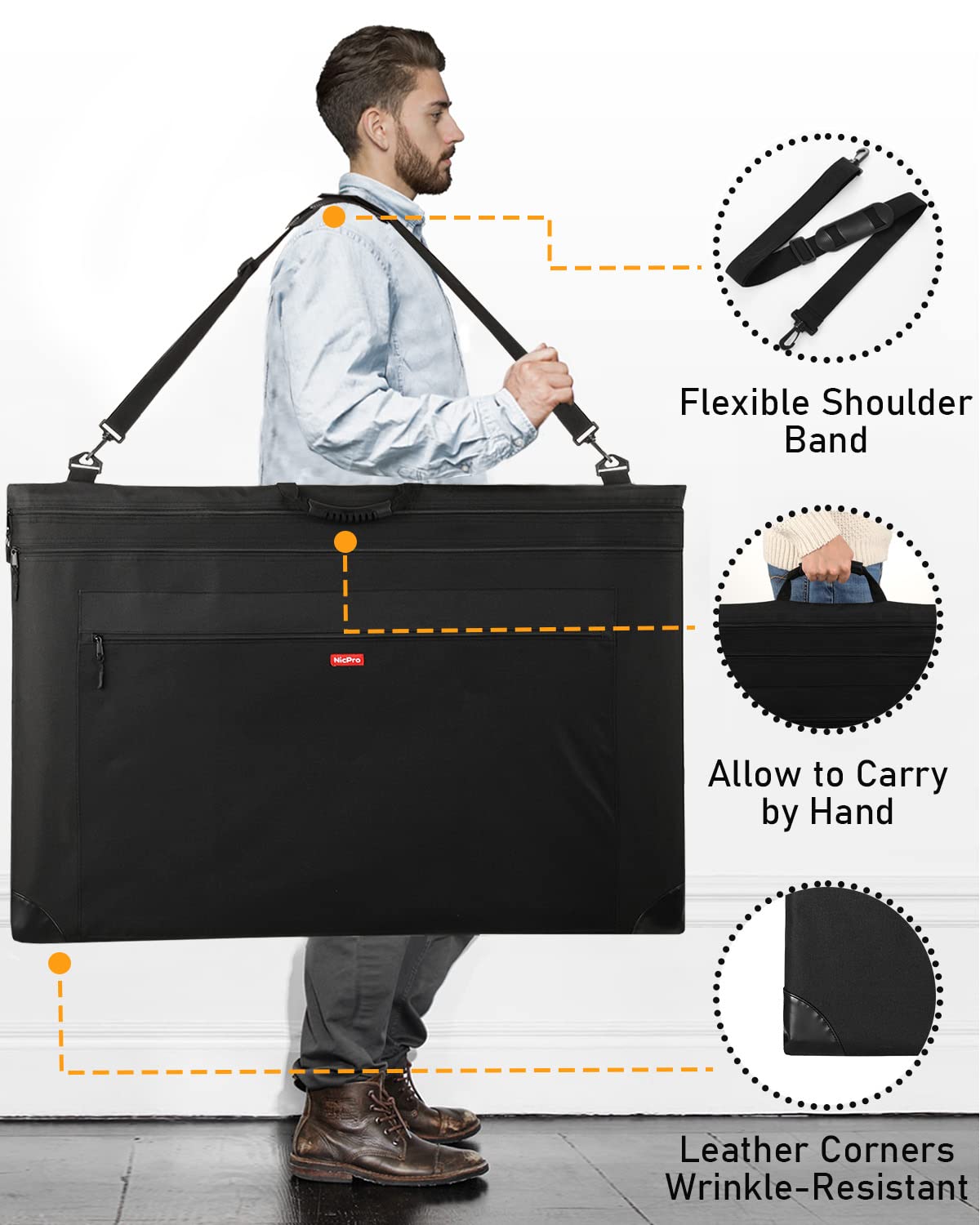 Nicpro Light Weight Art Portfolio Bag, 24x36 Black Art Canvas Portfolio Case with Detachable Shoulder Strap, Leather Corners, Carrying Storage Case for Artwork, Poster, Sketching, and Drawing