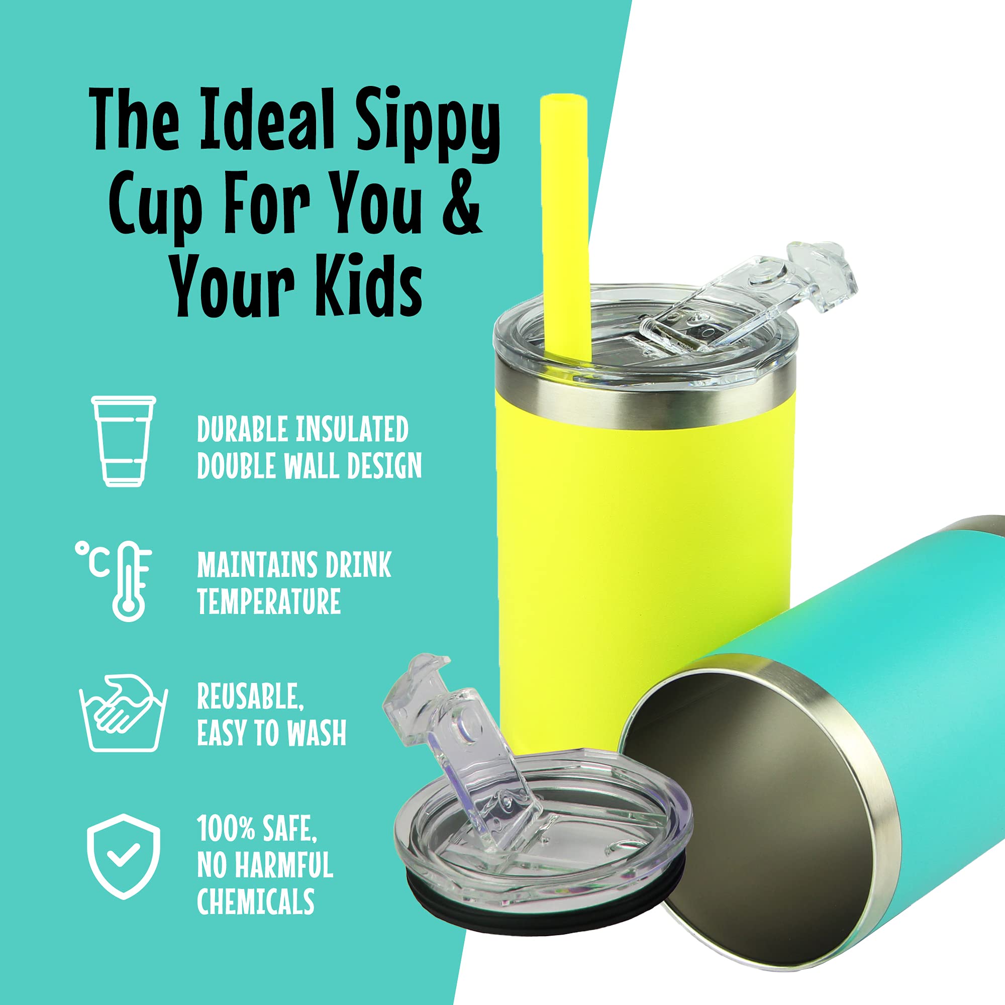 K KICHUZL 2 Pack 12oz Stainless Steel Kids Tumblers with Straws and Lids BPA Free Sippy Cups for Toddlers Spill Proof Kids Smoothie Cups