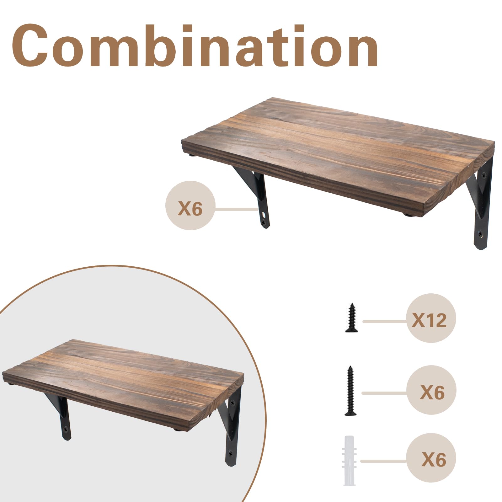 3 Sets Wood Floating Shelves for Wall Decor, Rustic Wood Shelves for Wall Storage, Wall Mounted 11.4 Inch Wooden Display Shelf Carbonized Wall Shelves for Bathroom Bedroom Kitchen Living Room Garage