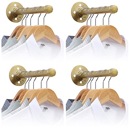 8 Inch Industrial Pipe Clothing Rack, 4 Pcs Gold Shelf Brackets, Wall Mounted Clothes Rack, Heavy Duty Vintage Metal Garment Bracket Frame for Commercial or Residential Wardrobe Clothes Display