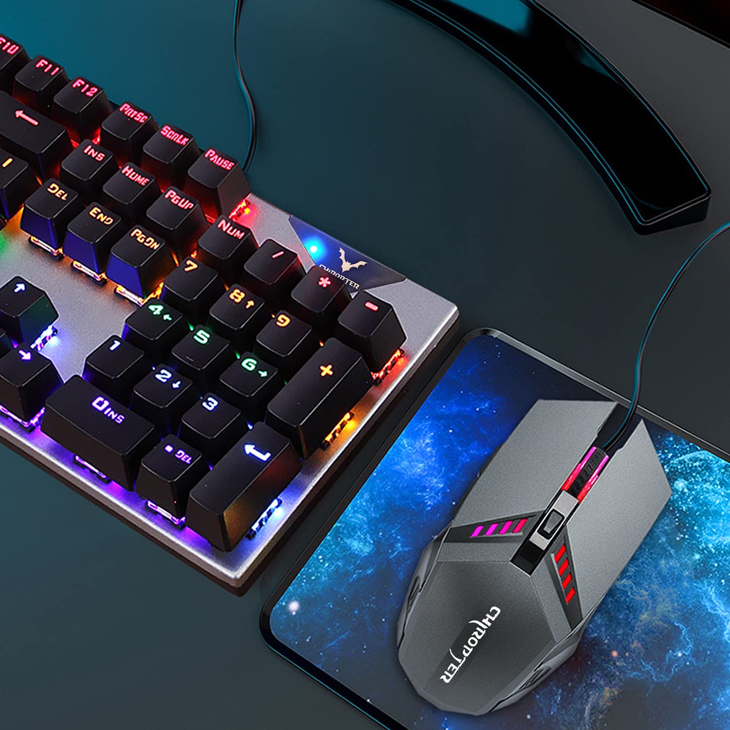 CHIROPTER Mechanical Keyboard and Mouse Combo, Wired RGB LED Backlit Mechanical Gaming Keyboard with Blue Switch, Gaming Mouse for Windows PC Gamers