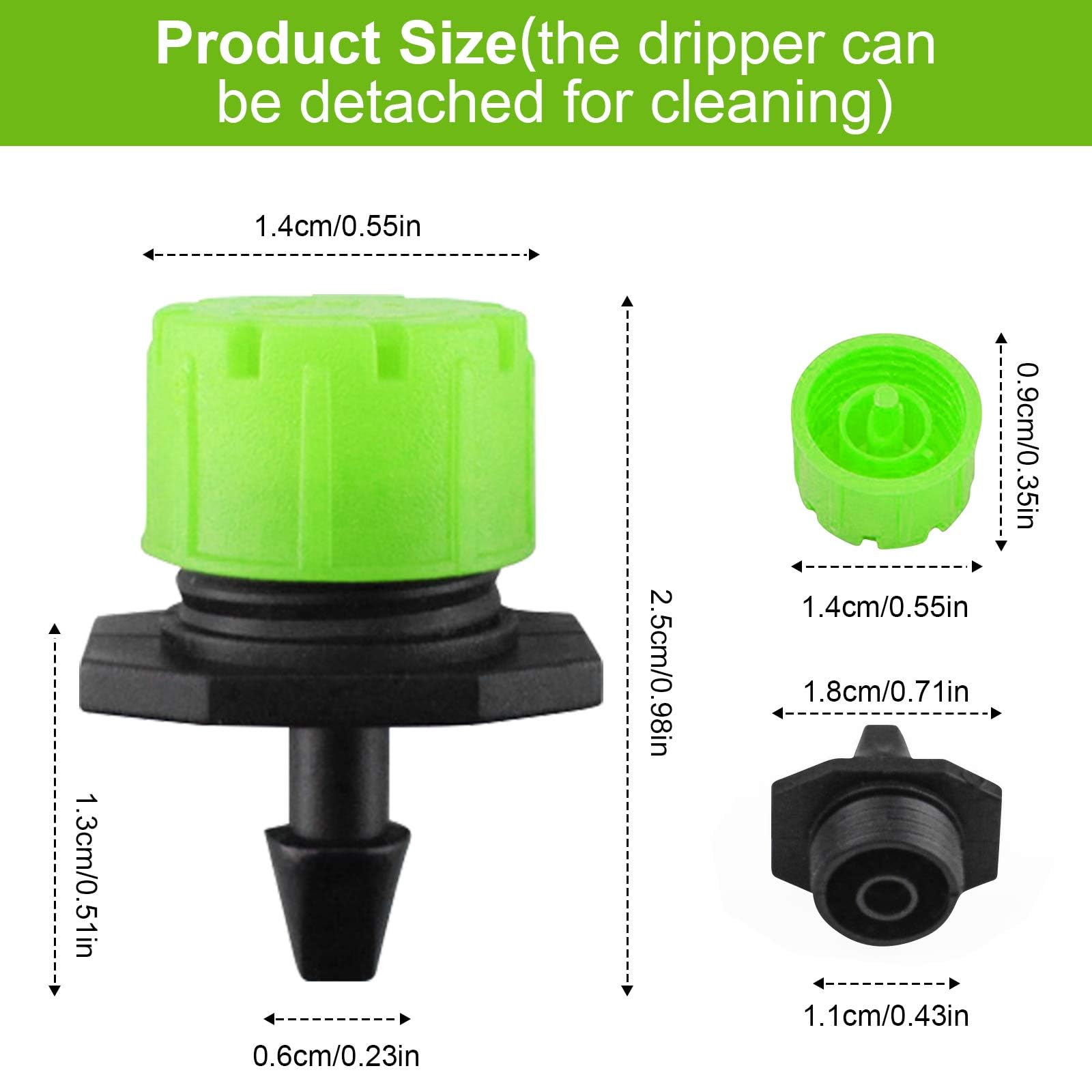Kalolary 200Pcs Adjustable Irrigation Drippers, 1/4 Inch Barbed Drip Emitter 360 Degree Watering Sprinklers Anti-Clogging Drippers for 4mm/7mm Garden Watering System(Green)
