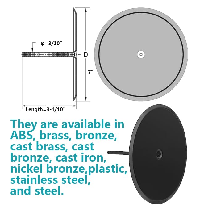 7" Black Decorative Cleanout Access Covers Plate, Flat Design Cover and Seals CO2530-SS7 For Back Deck Drains and Plug Hole with Large Center Securing Screw, Stainless Steel, Round