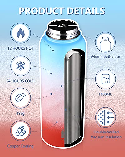 HAPHOM Insulated Water Bottle 37oz Sport Water Bottle 18/8 Stainless Steel BPA Free Sweat Proof and Hinge Lock Lid Anti-Rust Suitable for All People and Anywh