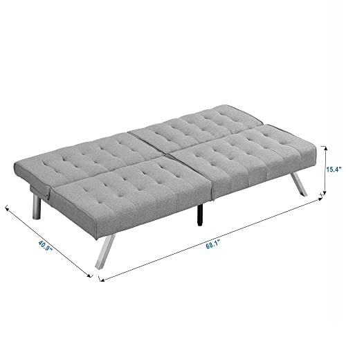 68"Convertible Folding Futon Sofa Bed,Split Back Design,Modern Fabric Sleeper Couch Bed with Chrome Legs,Upholstered Recliner Loveseat for Small Spaces Living Room Dorms Office (Ligjt Grey armless)