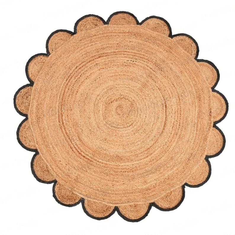 4x4, 5x5, 6x6, Natural Jute Scallop Round Rug, Floor Black Scalloped Edge Rug Braided Boho Eco Large Circular Handmade Area Rugs (5x5 FT)