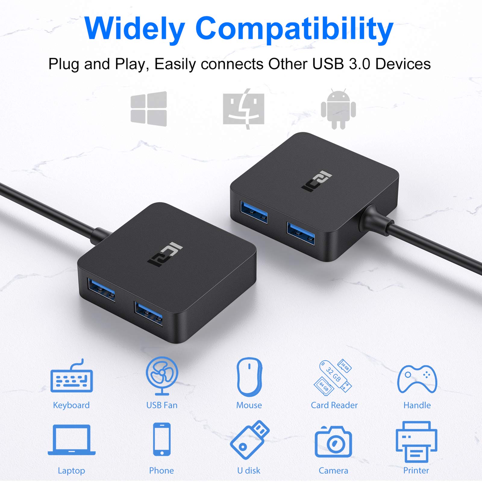 ICZI USB 3.0 Hub, 4-Port Data USB Hub with 4ft Long Cable, USB Splitter Adapter for MacBook, Mac Mini, Surface Pro, XPS, Laptop, PC, Flash Drive, Mobile HDD