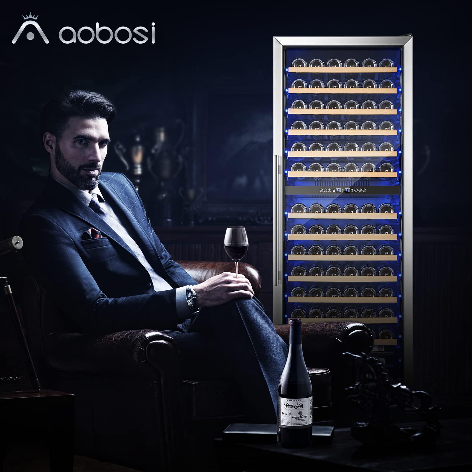 AAOBOSI 24 Inch Wine Cooler Dual Zone, 154 Bottles Wine Refrigerator Built in or Freestanding Wine Fridge 40ยฐF-65ยฐF with Intelligent Temperature Control-Memory Function-Powerful Compressor-Quiet