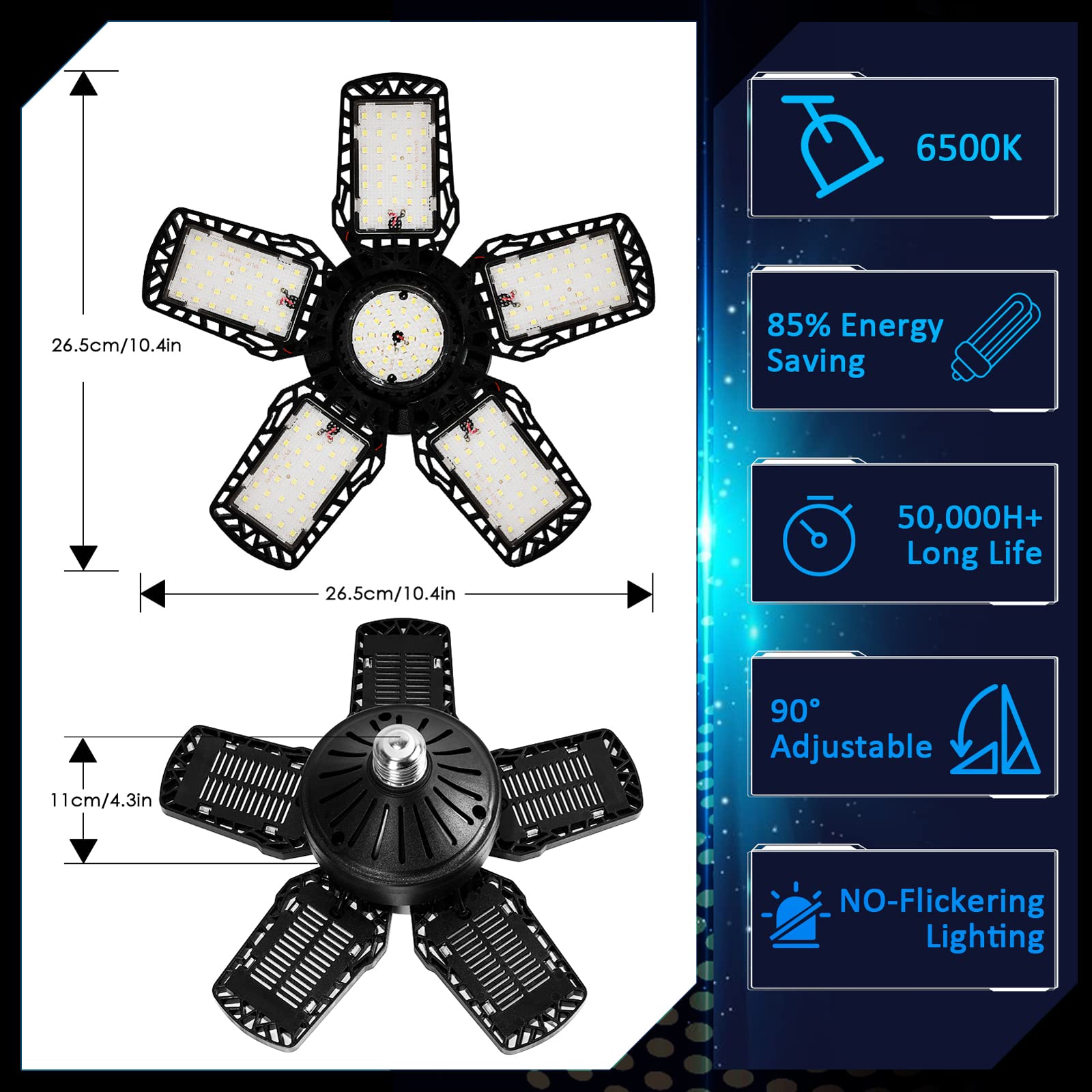 2 Pack LED Garage Light, 150W Deformable LED Garage Ceiling Lights with 5+1 Adjustable Panels, 15000LM 6500K Garage Lights Ceiling Led for Garage, Workshop,Basement Bay