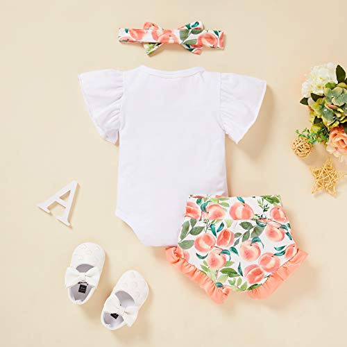Newborn Baby Girls Clothes Ruffles Summer Romper Floral Bottoms Shorts 3pcs Outfits(Peach,0-3M)