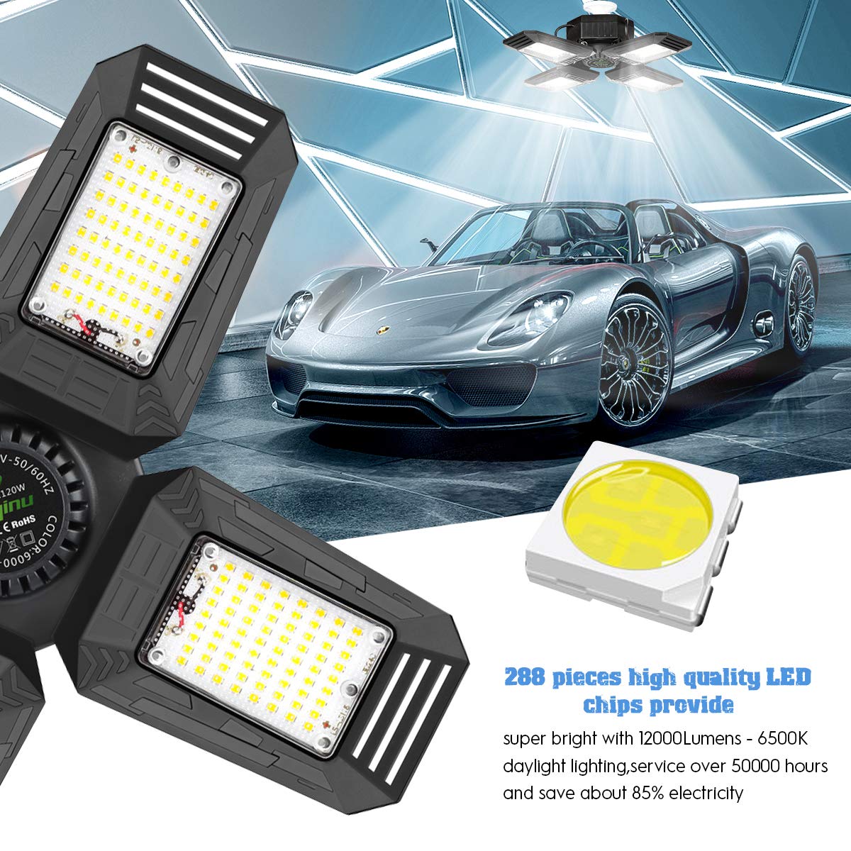 2 Pack LED Garage Lights, Deformable LED Garage Light 120W 15000LM 6500K Shop Lights with 4 Adjustable Panels for Workshop Basement Warehouse Residential High Bay Light Support E26/E27 Screw Socket