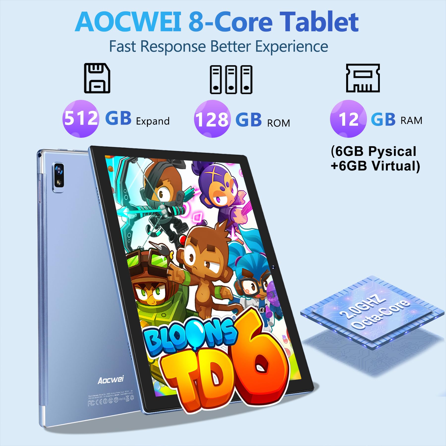 2024 Newest 10 Inch Tablet Android 13 Tablets with Keyboard, 12GB RAM 128GB ROM 512GB Expand, Octa-Core, 5G/2.4G WiFi, HD IPS Display, 8000mAh Tablet PC with Case Mouse GPS Split Screen Support -Blue