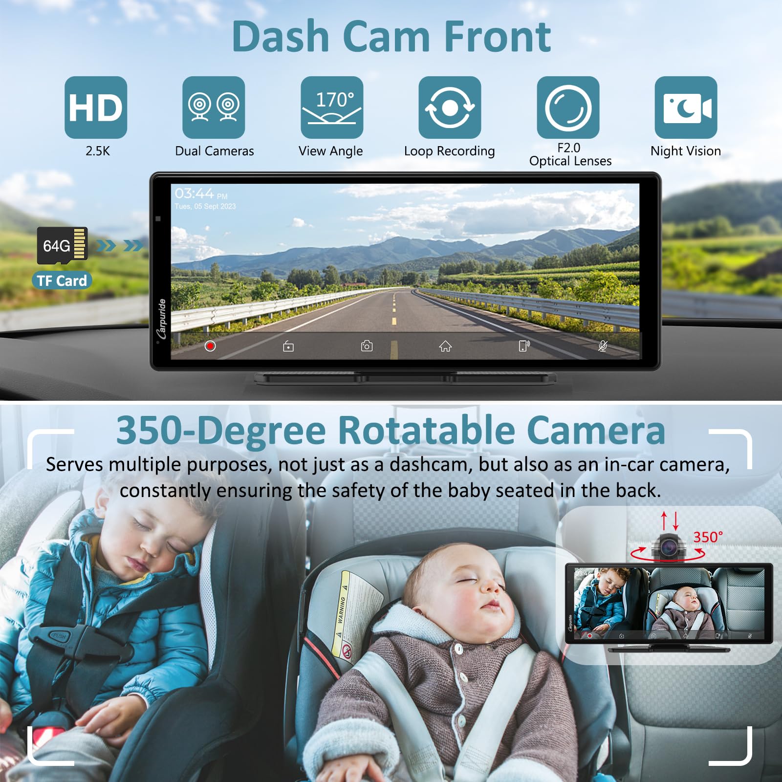 2024 Newest Carpuride W903 Wireless Carplay Android Auto Car Stereo with 4K Dash Cam, Backup Camera,Portable 9.3 Inch IPS Touch Screen,Car Radio Receiver with Mirror,Bluetooth,Drive Navigation
