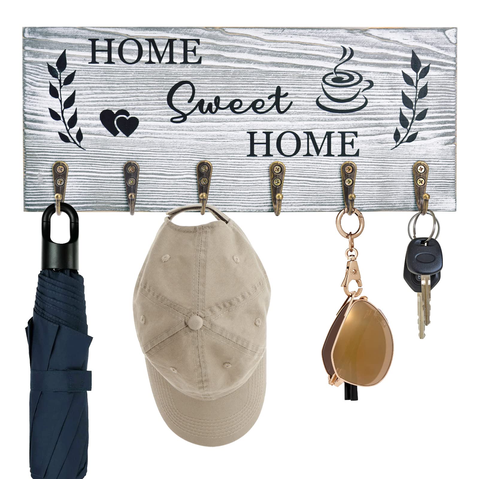 AHYS Key Holder Wall Mount Rustic Home Sweet Home Sign with Key Holder for Wall Decor Key Hanger Key Rack with 6 Key Hooks Wall Key Holder for Entryway Living Room Bedroom - Grey