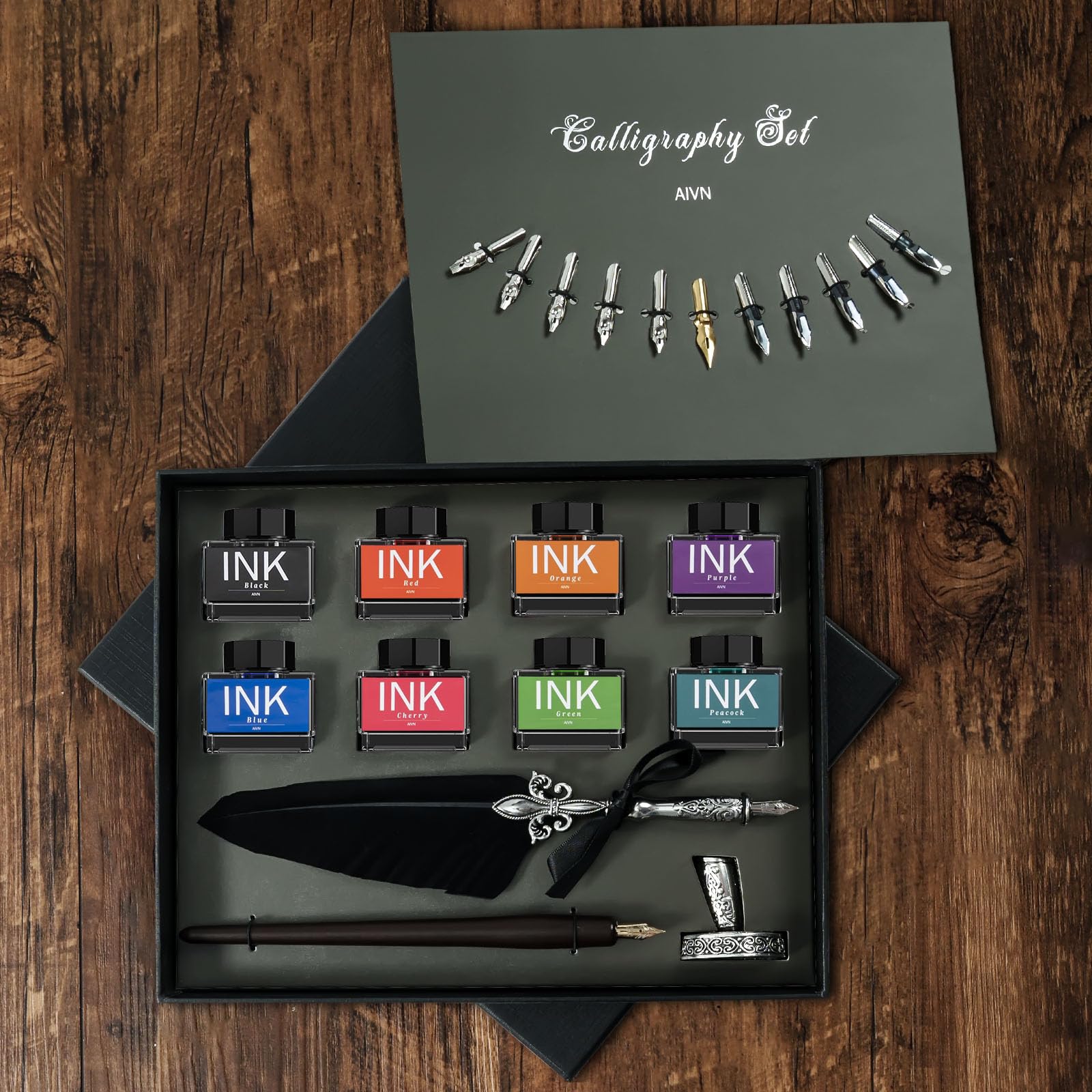 AIVN Complete Calligraphy Set for Beginners, Includes Calligraphy Pens, 12 Nibs, Quill Pen and Ink Set, Caligraphy Kits, Pen Holder and Introduction Booklet for Elegant Writing