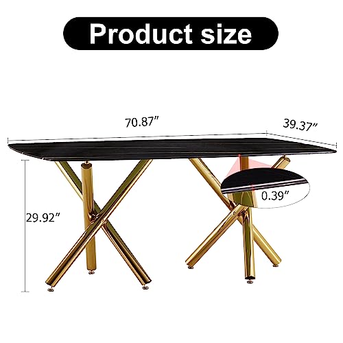 71ββ Modern Glass Dining Table for 8, Large Rectangular Dining Room Table with Golden Metal Legs, Minimalist Kitchen Table for Restaurant, Meeting Room, Imitation Marble Black Desktop