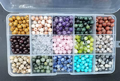 750pcs 6mm Natural Round Stone Beads Healing Engry Crystals Gemstone Beading Loose Gemstone Hole Size 1mm DIY Smooth Beads for Bracelet Necklace Earrings Jewelry Making,Box Packed(15 Material -3,6mm)
