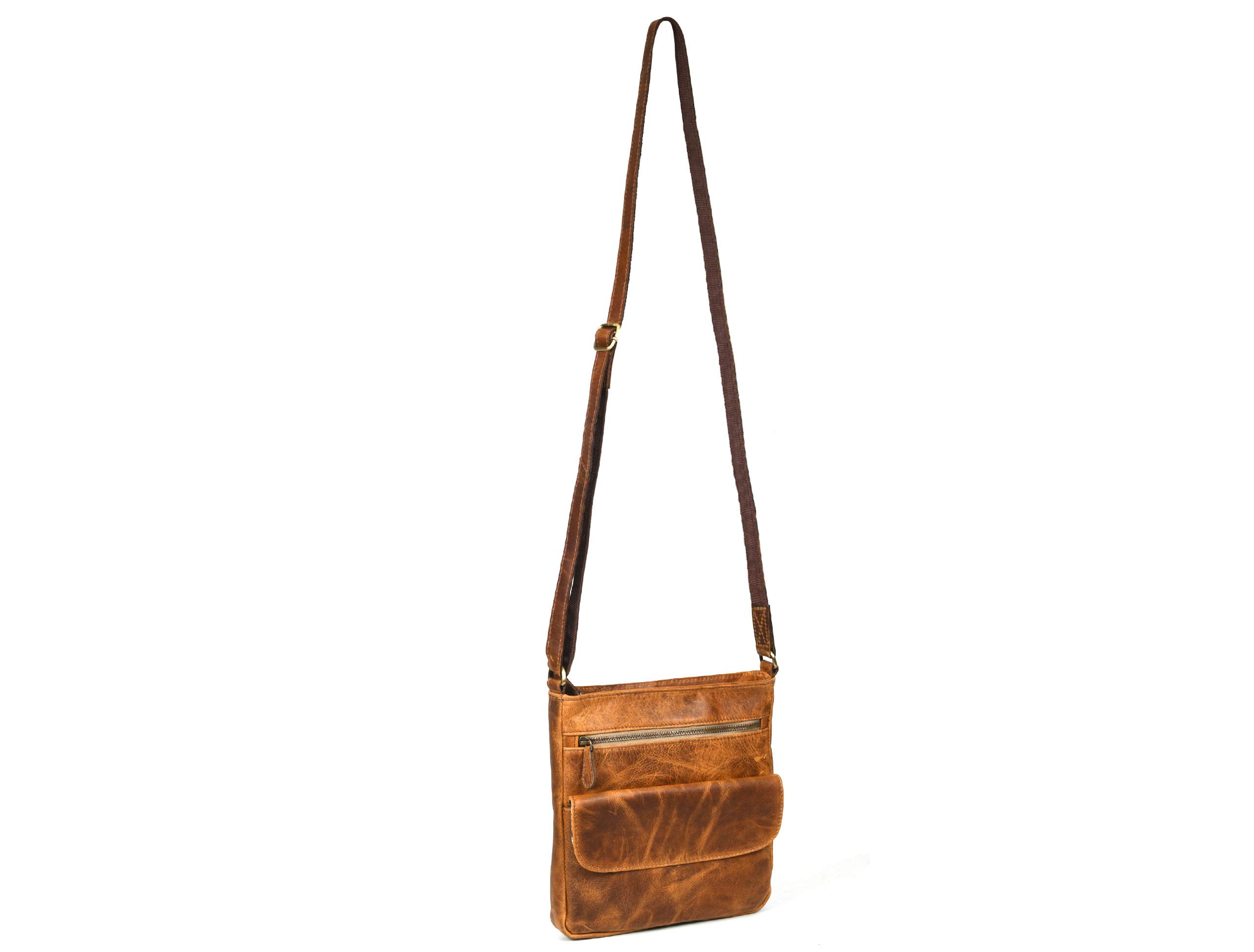 Aaron Leather Goods Women Crossbody bag with Metal Zipper Brown Black (Chestnut)