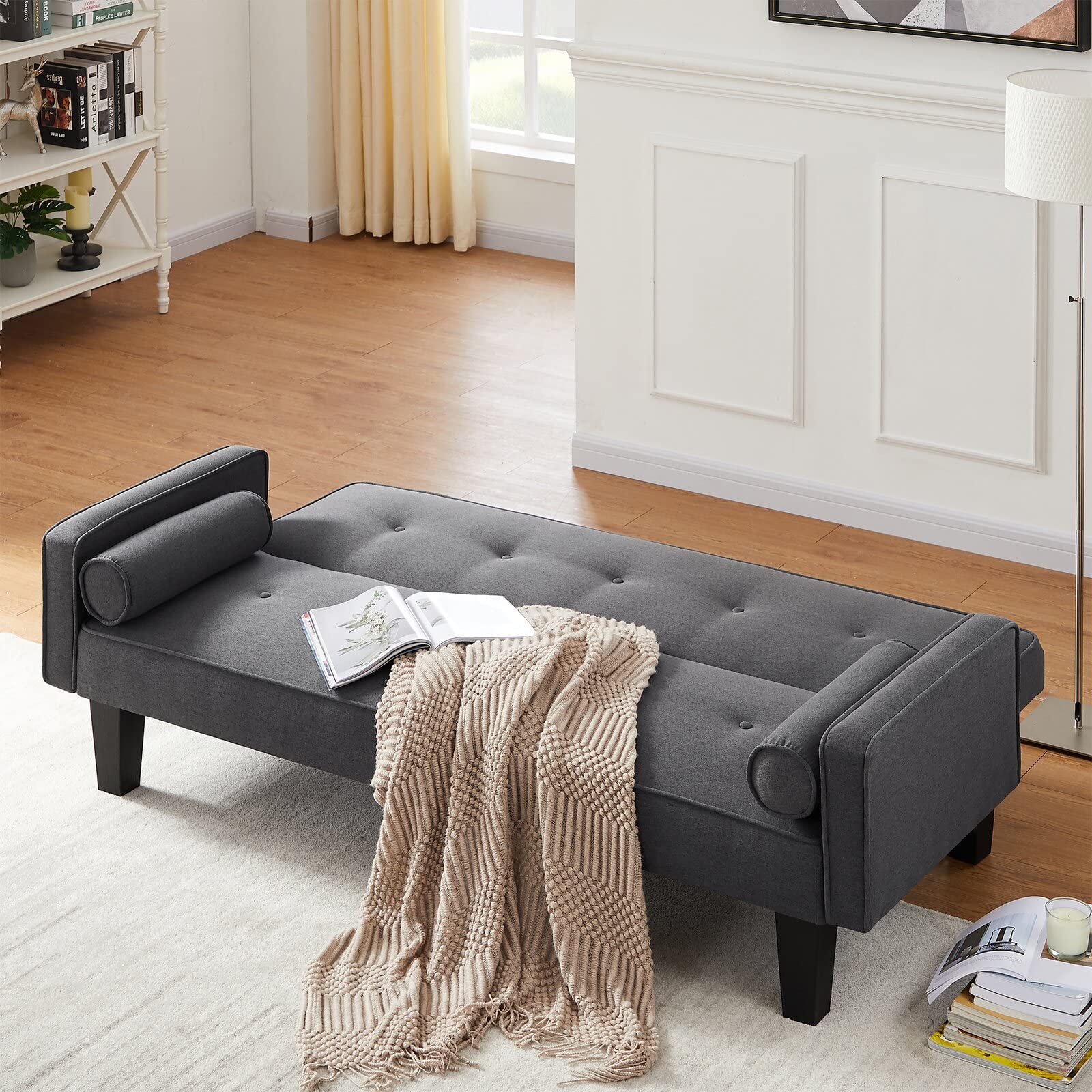 71.65" Linen Upholstered Futon Loveseat Convertible Sleeper Couch Bed W/Throw Pillows,Compact Foldable Sleep Recliner Sofa,2 Seaters Love Seat with Reclining Backrest to Napping Daybed