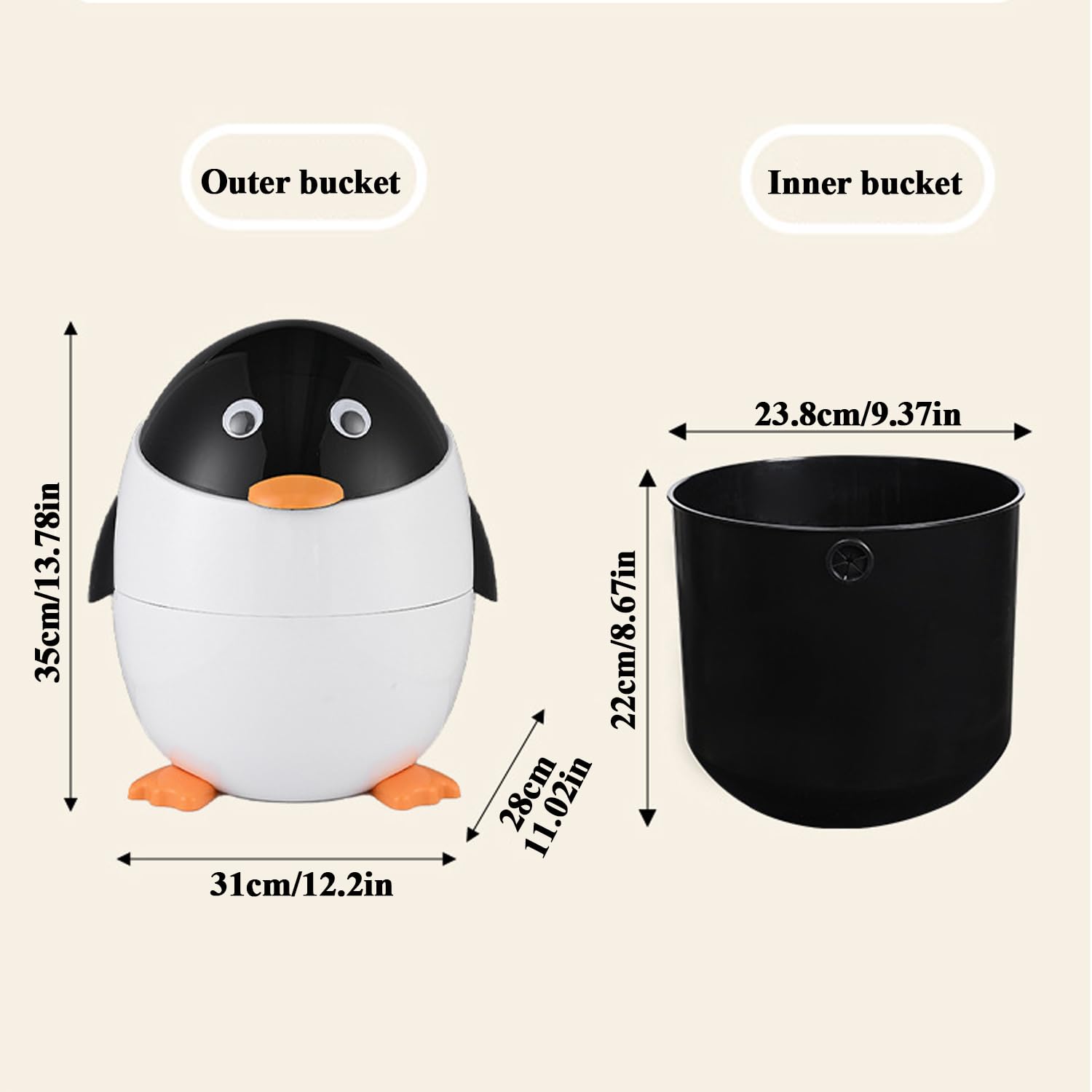 Aiabaleaft Cute Cartoon Panda Wastebasket with Swing Lid Black and White Plastic Trash Can for Bathrooms,Kitchens,Offices,Waste Basket for Dressing Table (White)