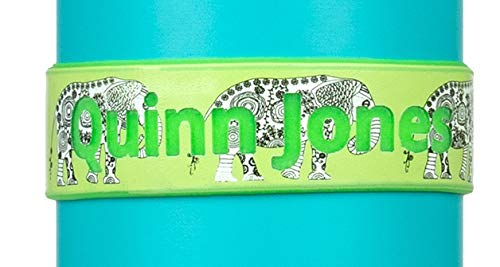 Custom Bottle Labels - 3 Pack - Silicone Bands for Baby Bottles, Kids Tumblers, Water Flasks - Personalized Pre-Printed Name, Waterproof School and Daycare Drink Identifiers - Green Elephants